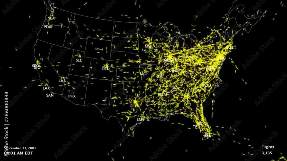 Animated map shows air traffic across the United States on a normal day ...