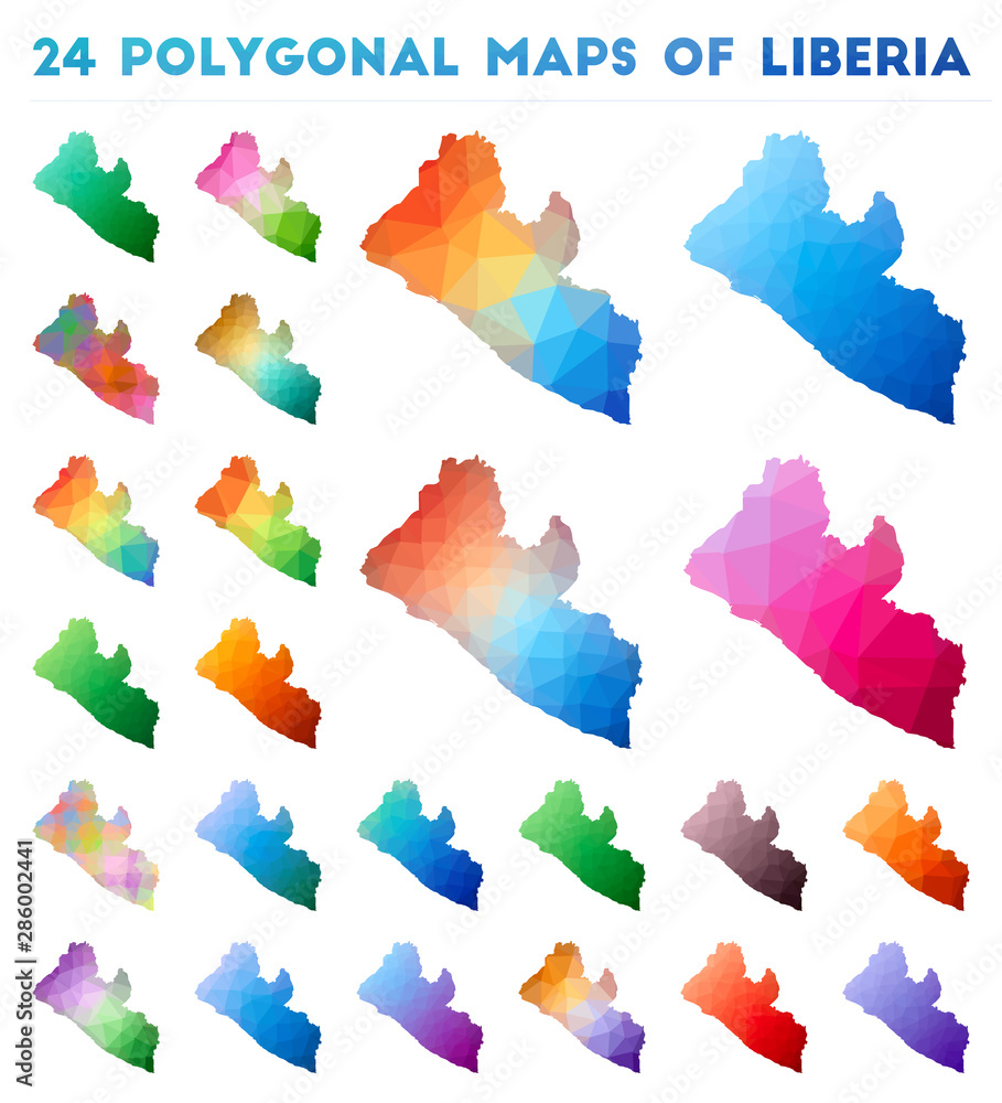 Set of vector polygonal maps of Liberia. Bright gradient map of country ...