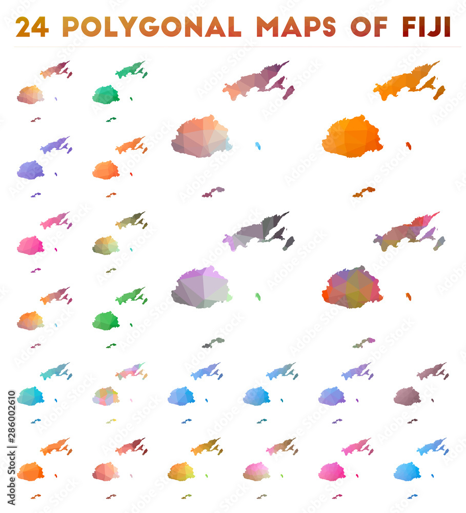 Set of vector polygonal maps of Fiji. Bright gradient map of country in ...