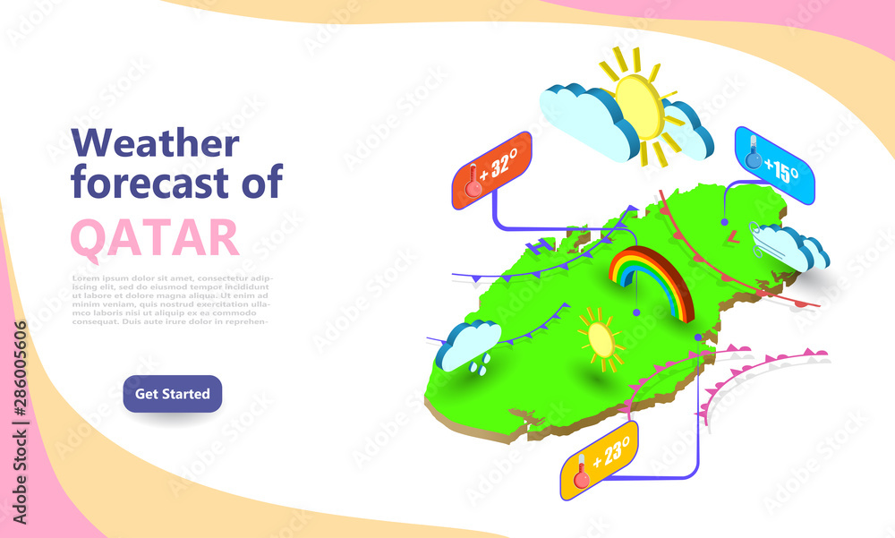 Weather forecast map of QATAR. Isometric set icons location on country ...
