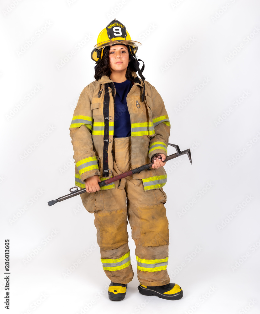 Female American firefighter in her gear Stock Photo | Adobe Stock