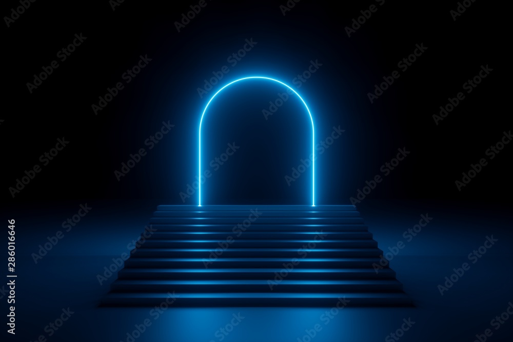 3d render, abstract neon background, glowing blue rounded arch, stairs ...