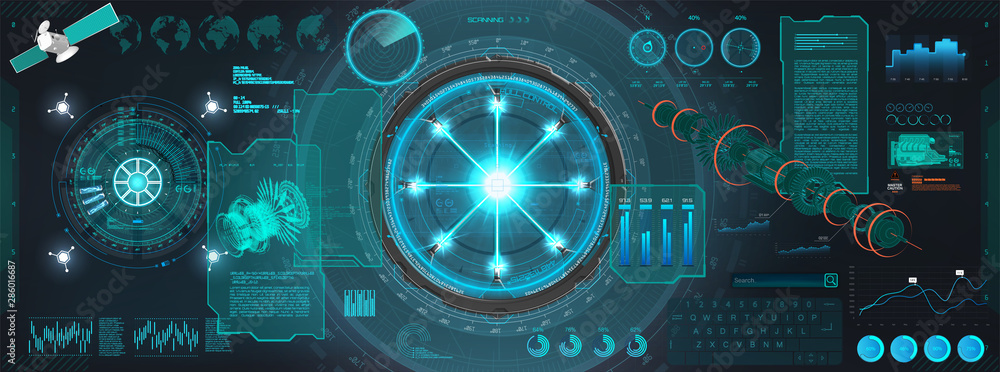 Sky-fi interface elements for GUI, UI, UX design. Spacecraft control ...