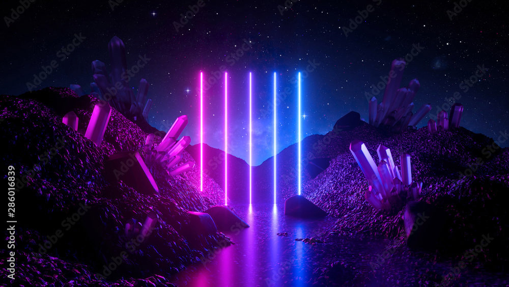 Neon lights in cosmic landscape Stock Illustration | Adobe Stock