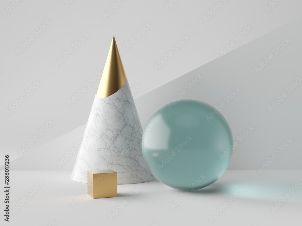3d abstract simple geometric shapes on white background, marble cone ...