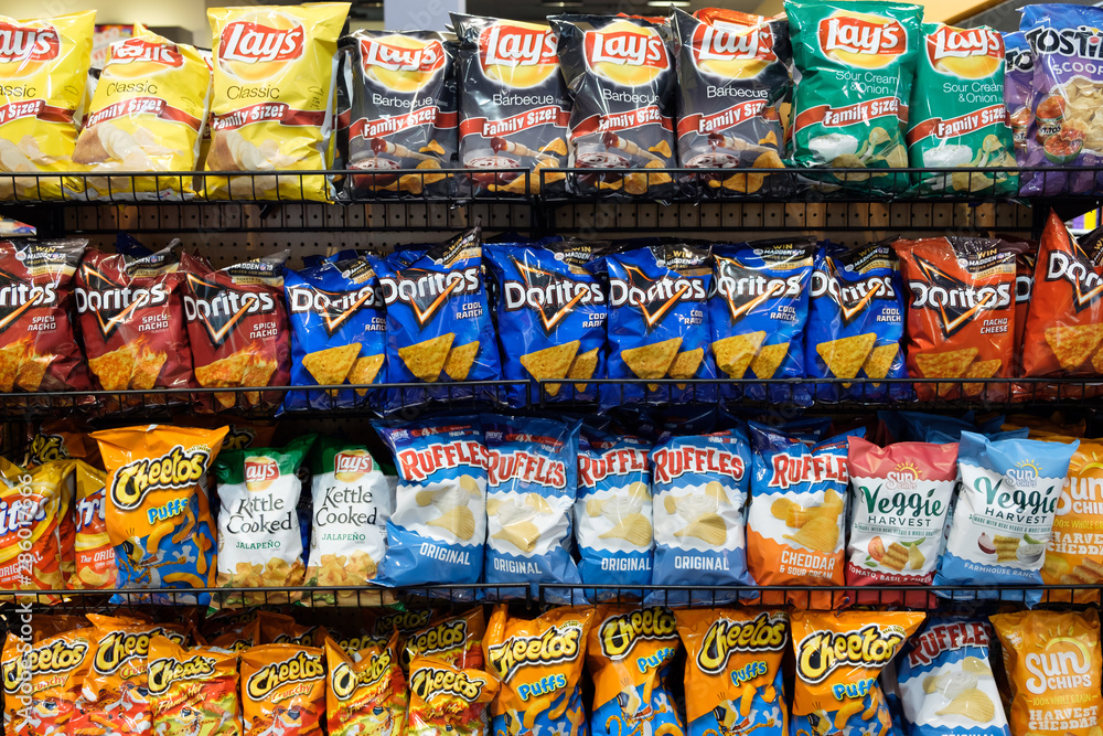 Las Vegas, US - NOV 18, 2018: Wide selection of potato chip or junk ...