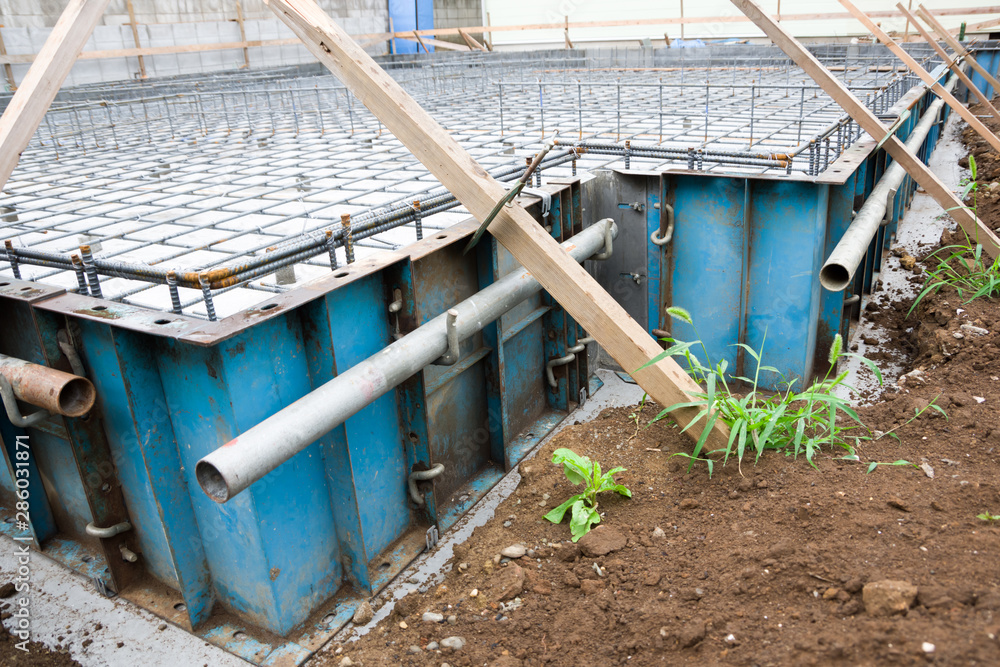 tokyo, Japan, 08/24/2019 , Reinforced steel for concrete floor in a ...