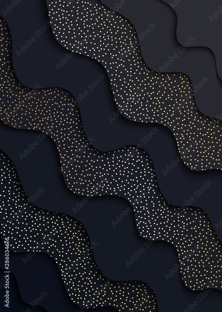 Papercut abstract wave black shape background with gold dots pattern ...