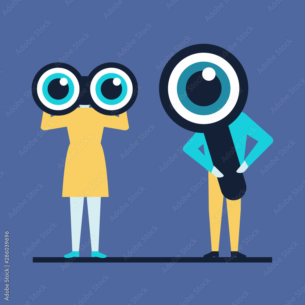 little people, workers keep pair of binoculars and magnifying glass ...