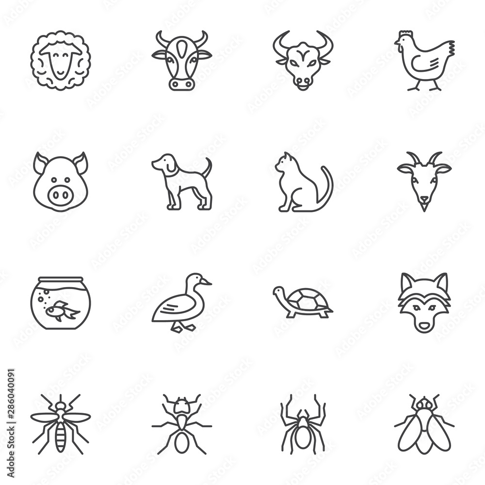 Insects and animals vector icons set, modern solid symbol collection ...