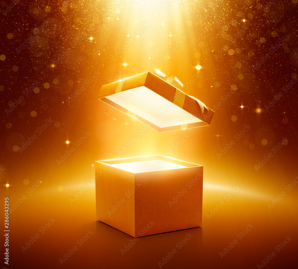 Gold open gift box on glittering background Stock Photo | Adobe Stock