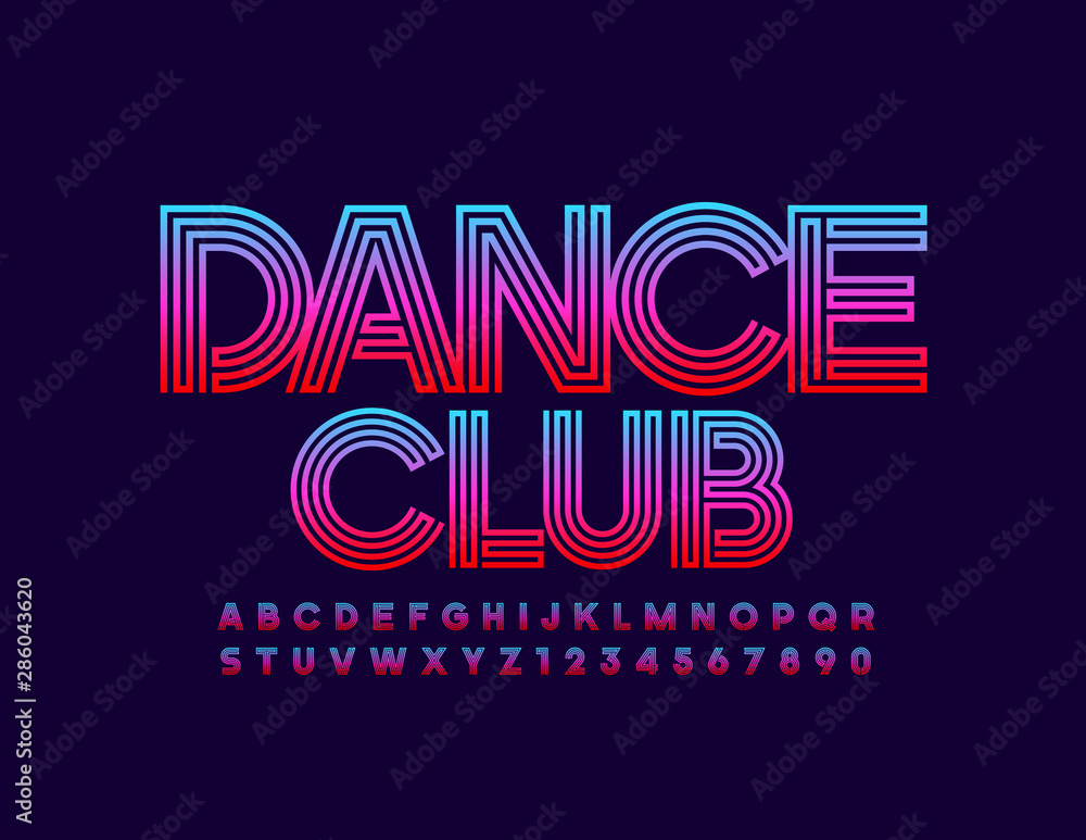 Vector colorful Sign Dance Club. Bright Uppercase Font. Trendy Alphabet ...