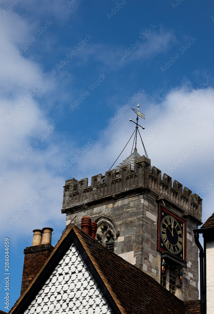 Stone built Norman tower circa 1220 AD with medieval rooftops in ...