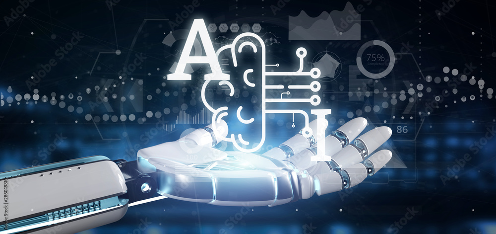 Cyborg hand holding artificial intelligence icon with half brain and ...