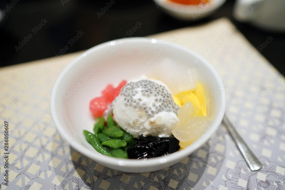 Homemade coconut ice cream topped with jackfruit, Thai pandan short ...