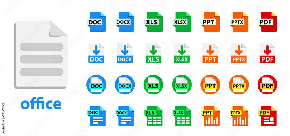 Collection of vector icons. File format extensions icons. XLSx, XLS, DOCx, DOC, PDF, PPTx, PPT ...