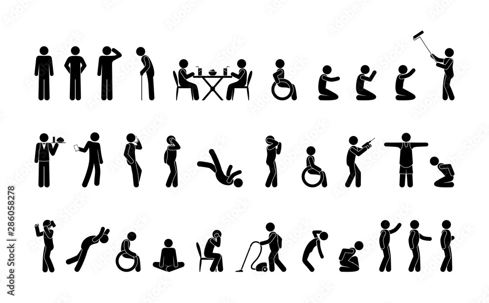 variety of standing and sitting poses, people in different situations ...