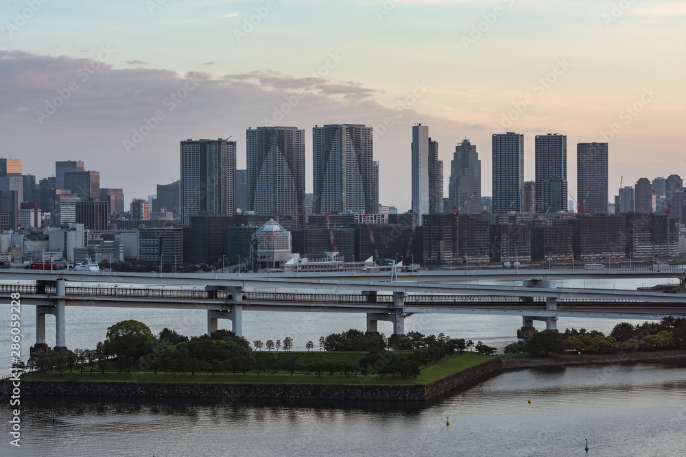 Panoramic modern city skyline bird eye aerial view of Tokyo bay in the ...
