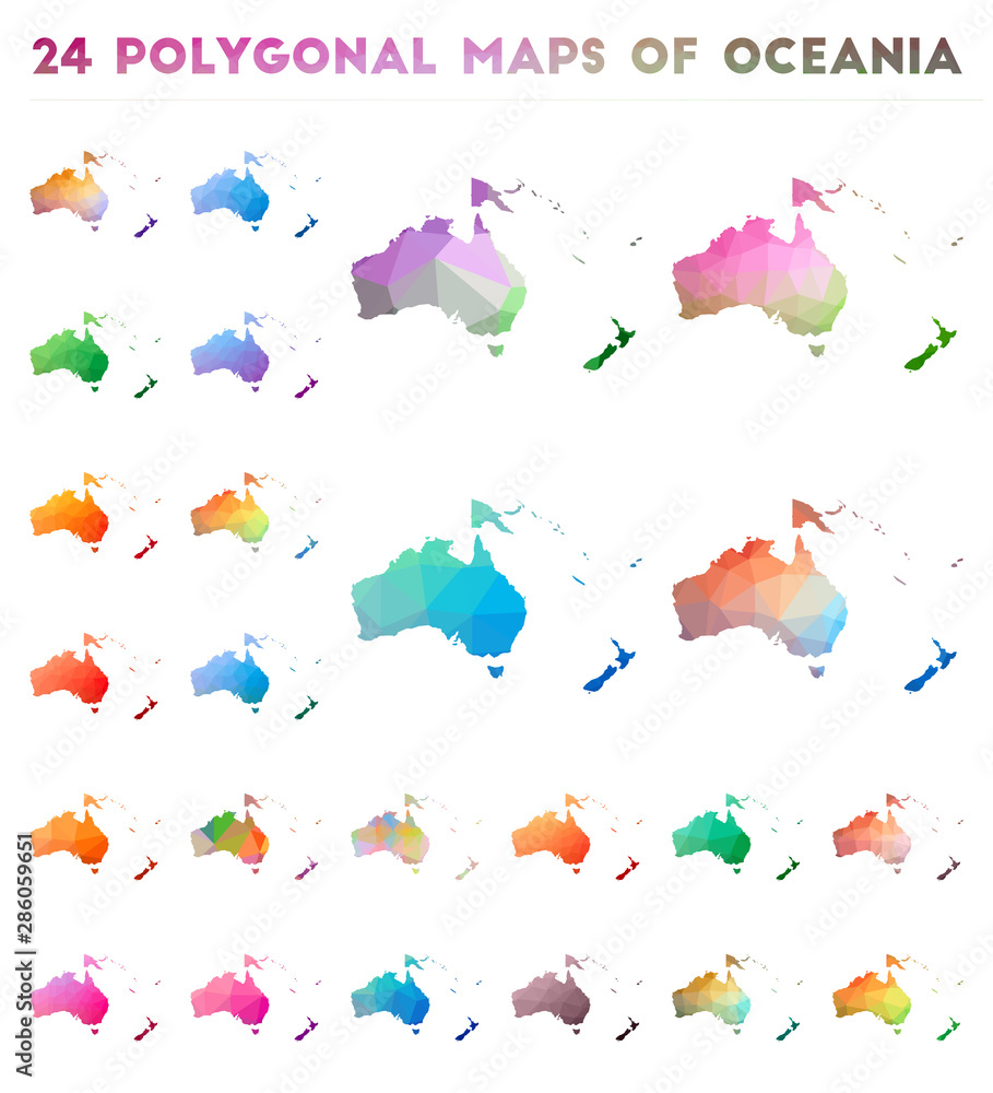Set of vector polygonal maps of Oceania. Bright gradient map of ...