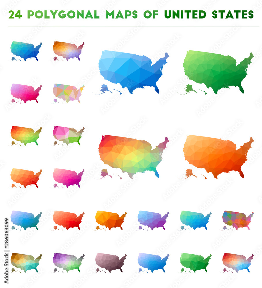 Set of vector polygonal maps of USA. Bright gradient map of country in ...