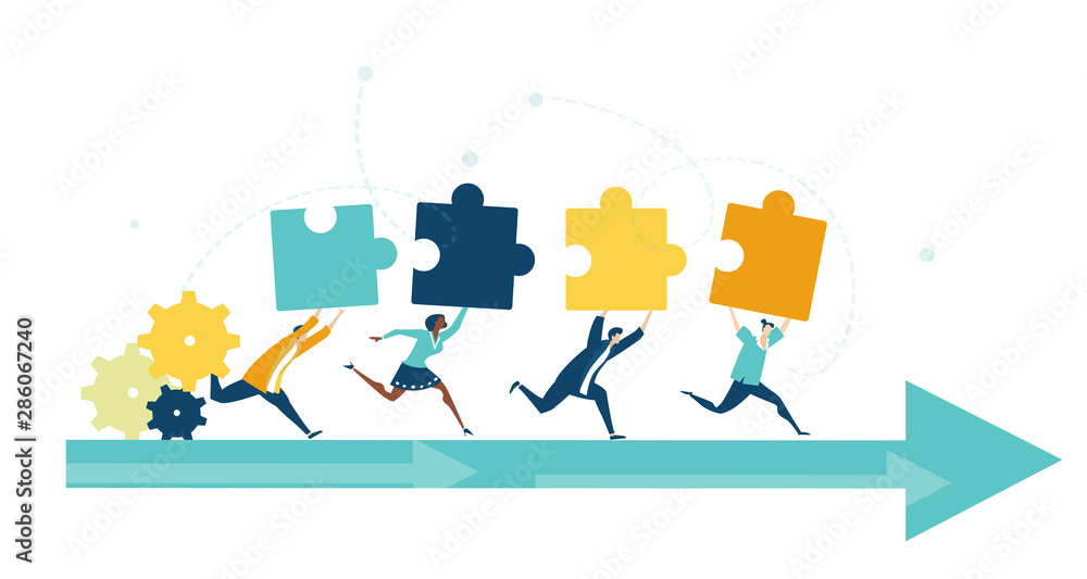 Group of young business people running and holding puzzles up as symbol ...