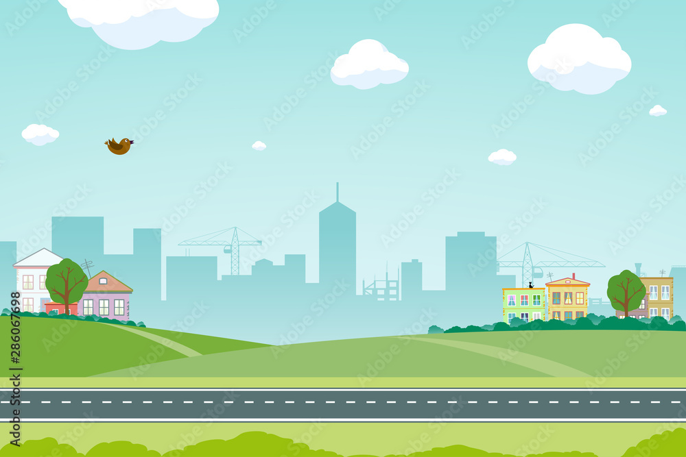Suburb with road against the background of a city Stock Vector | Adobe ...