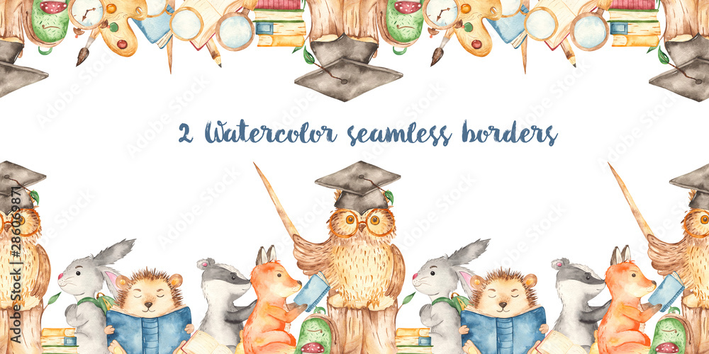 Watercolor seamless border with cute school animals and teacher Stock ...