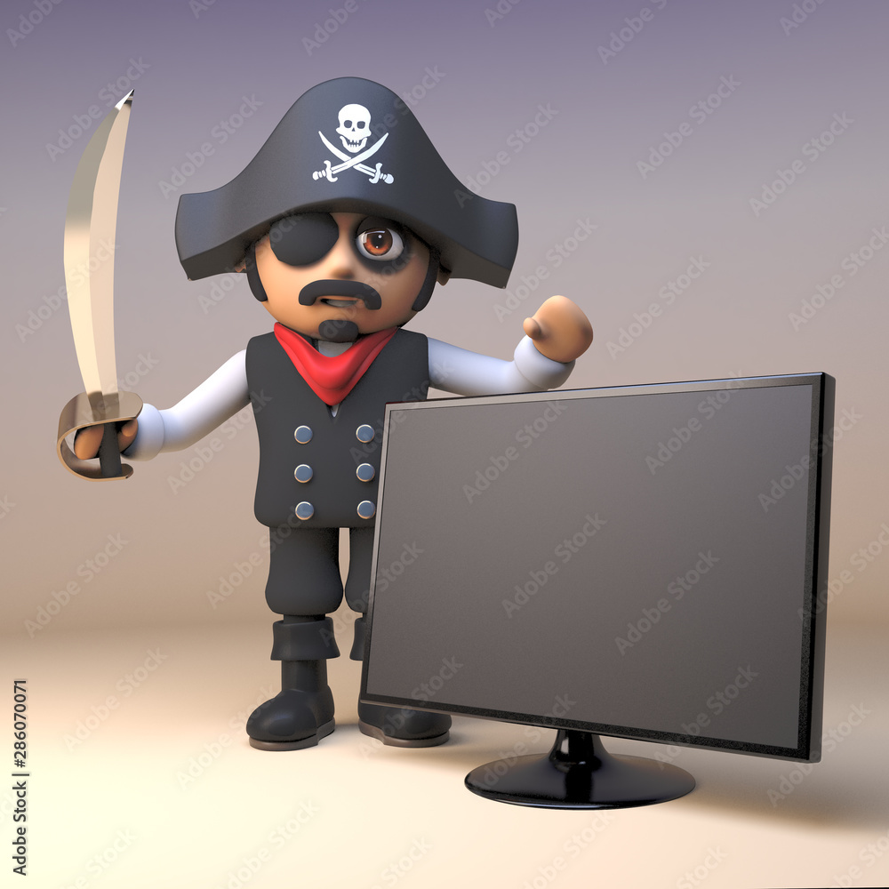 Cartoon 3d pirate captain character with sword stands by a widescreen ...