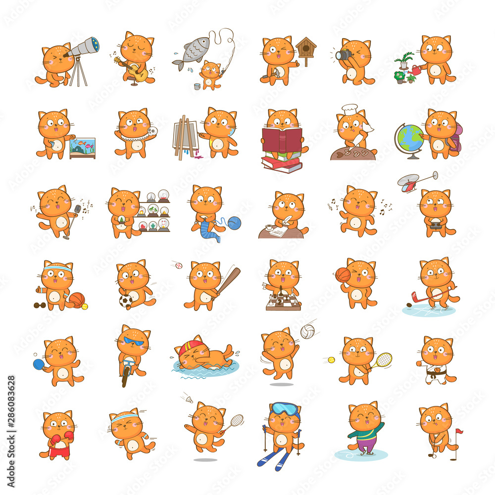 Set of cute cartoon cat character representing different hobbies and ...