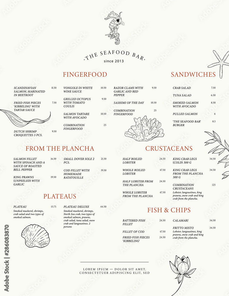 Menu template for a fish restaurant. Seafood. Vector design menu with ...