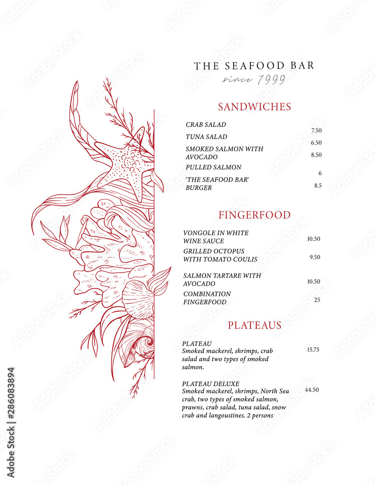 Sea food menu for a fish restaurant. Menu template. Vector design menu ...