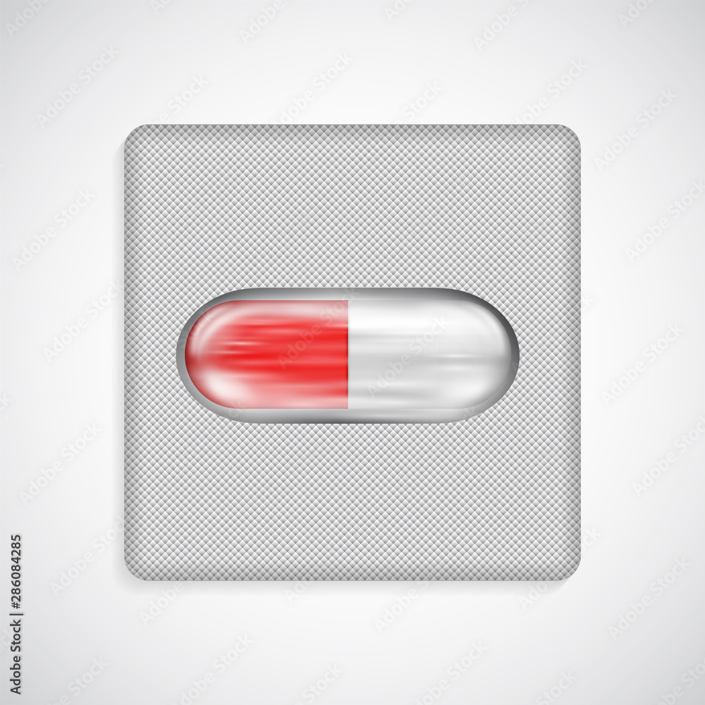 Vector capsule pill in foil blister pack isolated on white. Medical ...