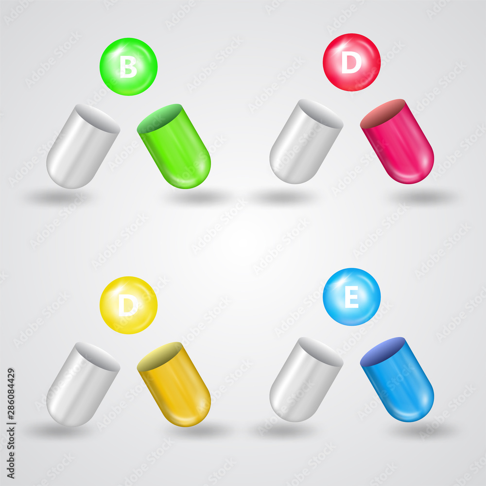 Vitamin supplement opened capsule vector icon set isolated on white. 3d ...