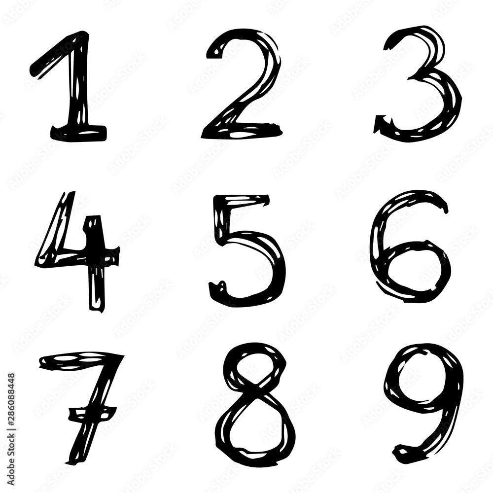 Hand drawn numbers set doodle icon. Hand drawn black sketch. Sign ...