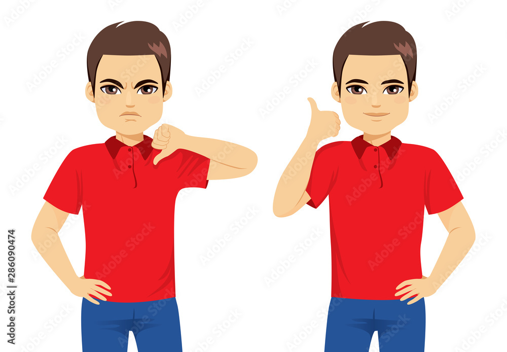 Man doing good and bad hand sign thumbs up or thumbs down disagreement ...