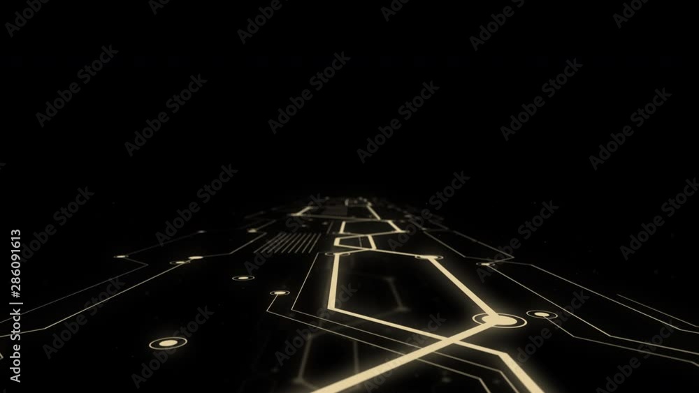 Motion on the virtual sci-fi spaceship platform with glowing network on ...