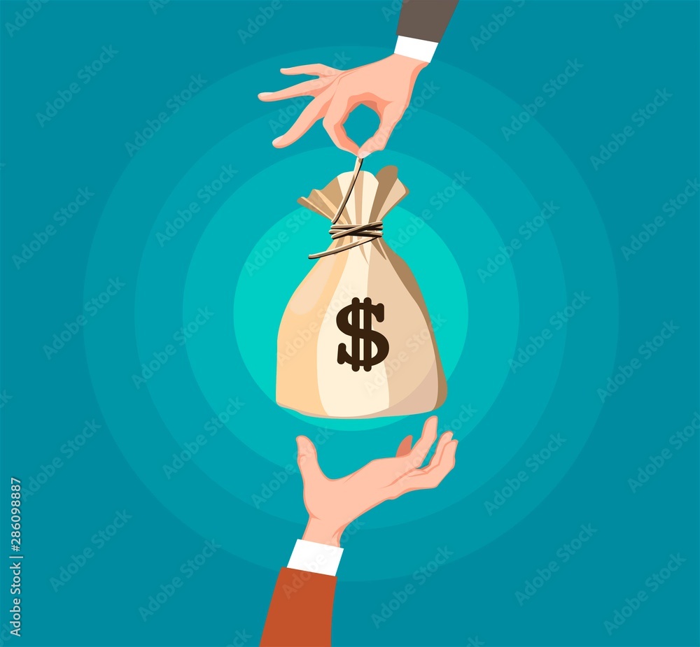 Business man hand gives money bag to another person. Exchange money ...
