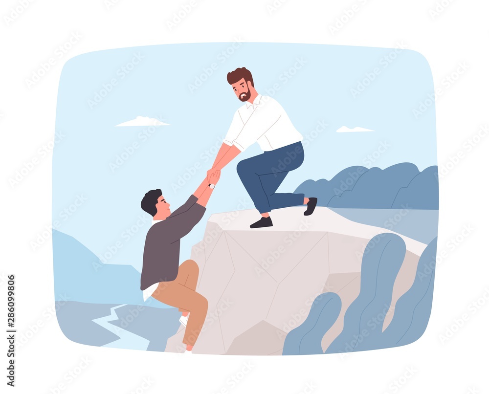 Young bearded man trying to help his friend hanging on cliff edge and ...