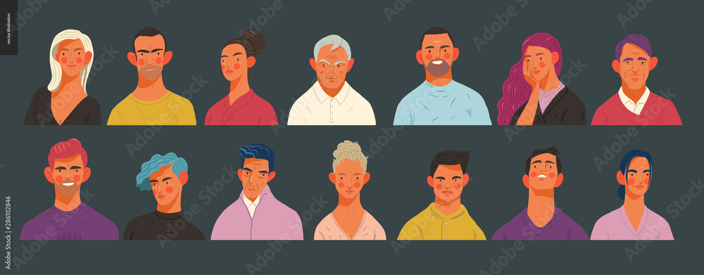 Real people portraits set - hand drawn flat style vector design concept ...
