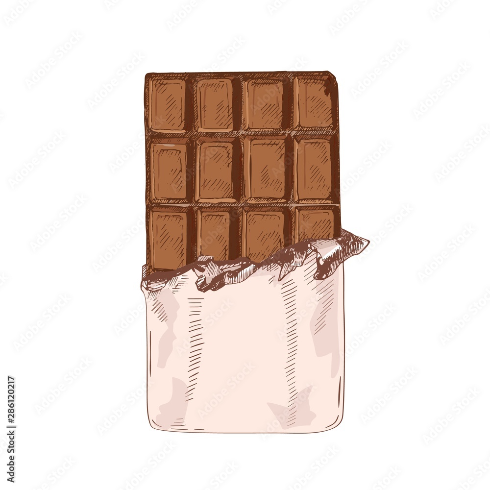Elegant realistic colored drawing of chocolate bar in foil. Natural ...