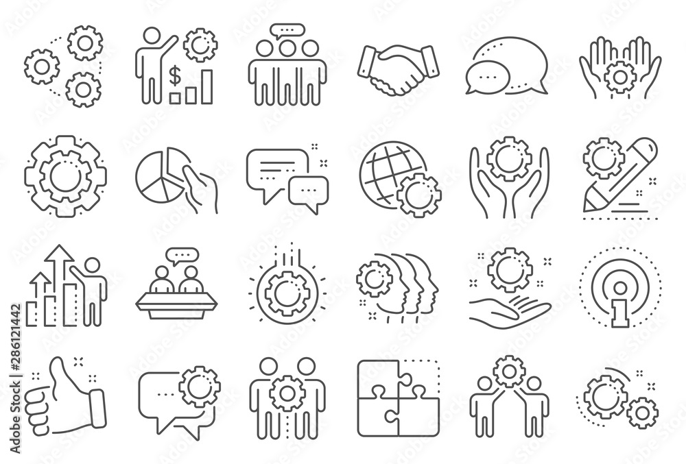 Employees benefits line icons. Business strategy, handshake and people ...