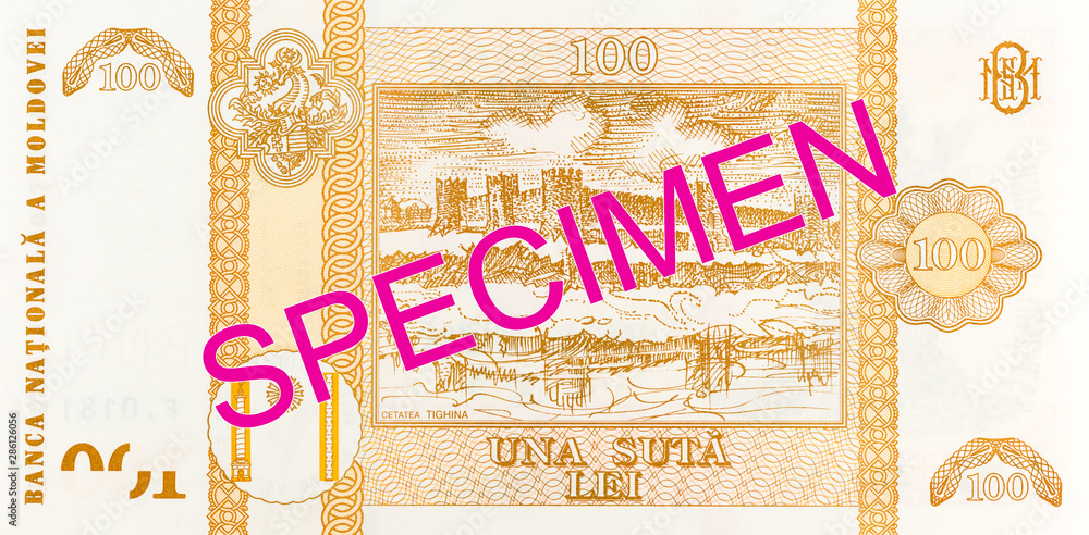 new 100 moldovan leu banknote reverse specimen Stock Photo | Adobe Stock