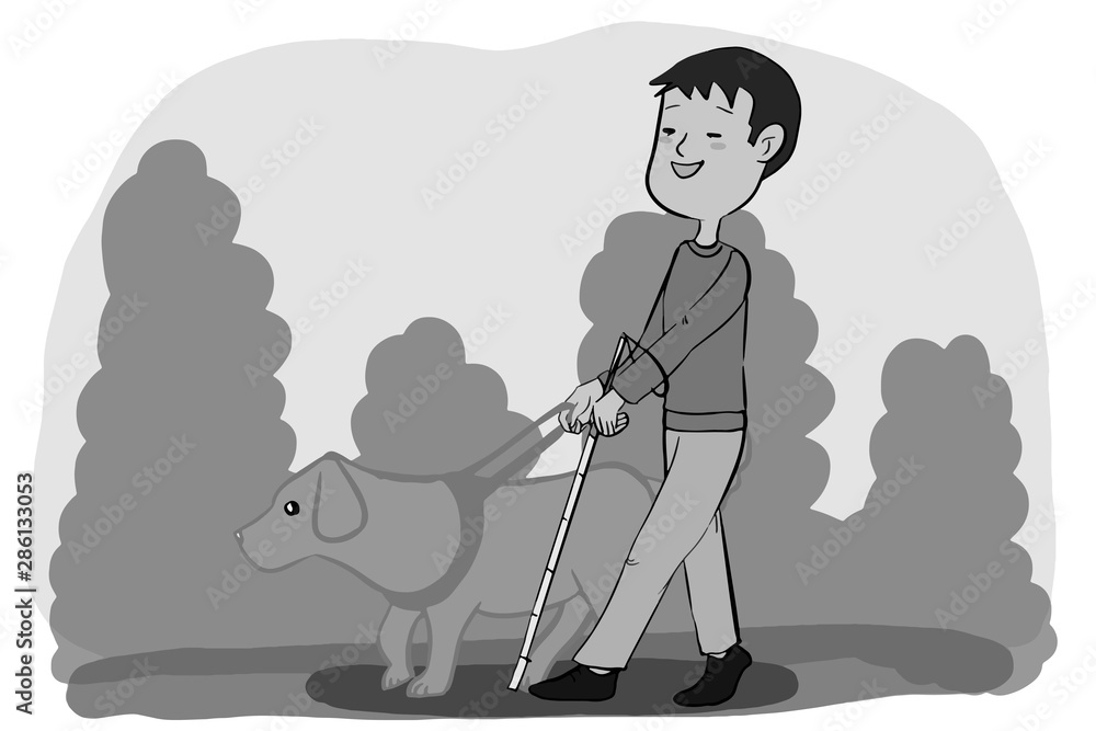 cartoon characters illustration blind young man walking in a park and ...