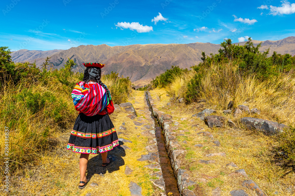 Young quechua indigenous woman walking along an inca aqueduct in the ...
