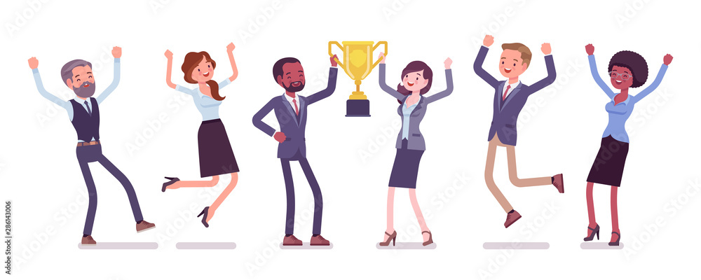 Winner team with business trophy. Happy employees winning on training ...