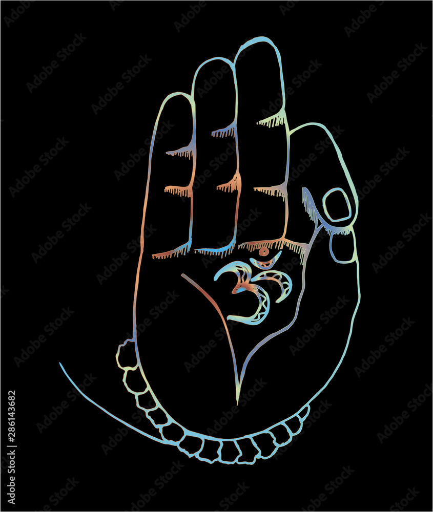 The arm of the shiva with ohm. Color illustration of hands and rudraksh ...