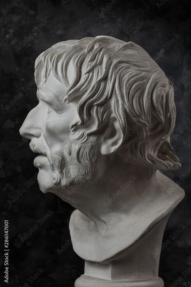 Gypsum copy of ancient statue Seneca head on dark textured background ...