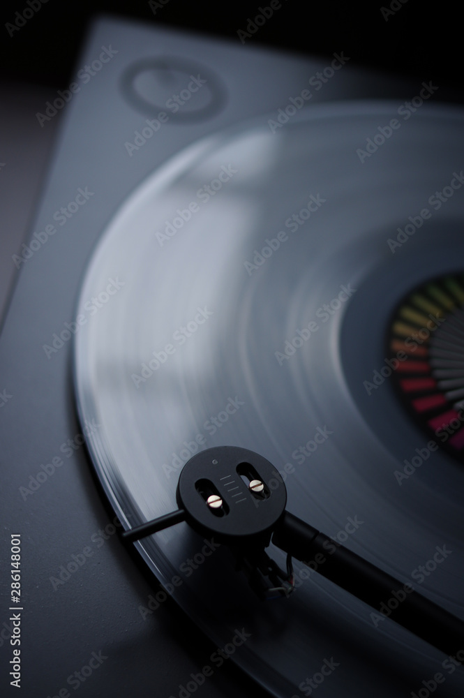 Transparent clear white vinyl record disc spinning and modern round ...