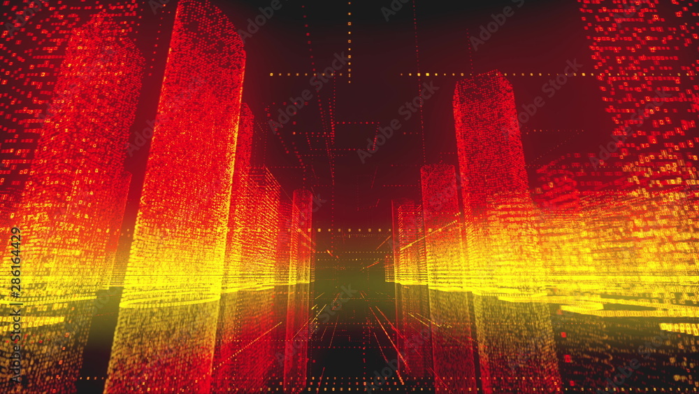 Traffic through the bright red and yellow colored model of digital city ...