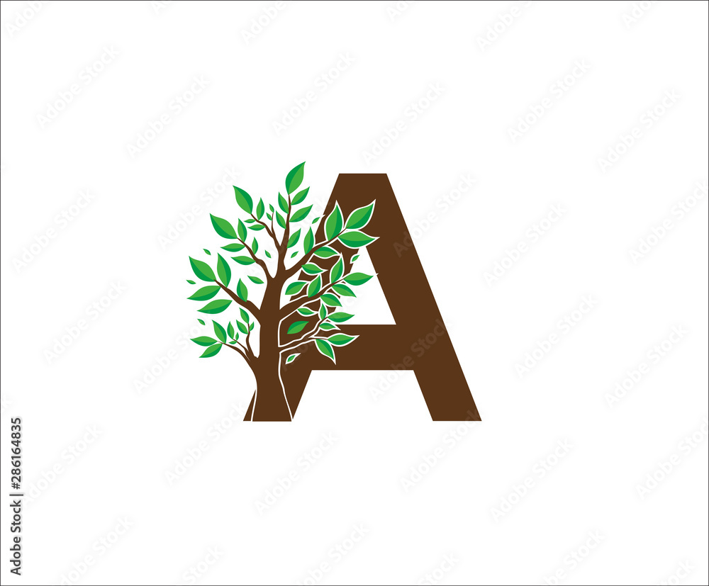 Abstract A Logo Letter Made From Brown Tree Branches with green leaves ...